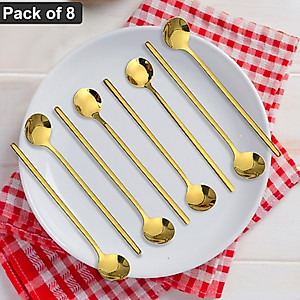 Monovatives Espresso Gold Plated Small Coffee Spoons with Long Handle for Stirring, Stainless Steel Long Handle coffee Spoon Pack of 8 for Tea Coffee Dessert Cake Ice Cream Soup Cappuccino, 5.3 inch