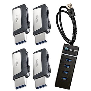 SanDisk Ultra 64GB Dual Drive USB Type-C (Four Pack Bundle) Works with Smartphones, Tablets, and Computers (SDDDC2-064G-G46) Bundle with (1) Everything But Stromboli 4 Port USB 3.0 Hub