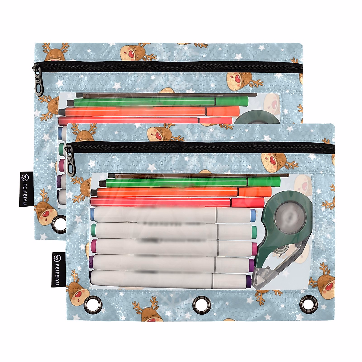 FRODOTGV Christmas Reindeer Snowflake Light Blue Pencil Pouches for 3 Rings Binder Zipper Binder Pockets Clear 3 Hole Binder 2 Pack Pencil Bag