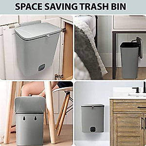 KSEV 2.6 Gallon Kitchen Hanging Trash Bin with Lid and Trash Bag Compartment, (2 Way Slide Open) Mountable Garbage Compost Can for Counter Top, Under Sink, Cabinet Door, Bathroom, RV, Pontoon (Gray)