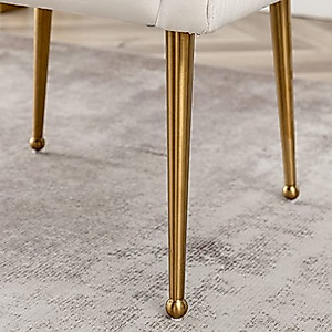 KINWELL Upholstered Dining Chairs, Modern Accent Side Chair with Pleated Back and Pull Handle, Velvet Armchair Desk Chair with Gold Metal Legs for Living Room, Home Office,Vanity(Beige)