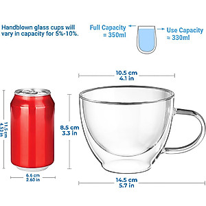ecooe Double Walled Glass Coffee Mug 12 oz Latte Cappuccino Cups Set of 2, Clear Glass Coffee Cups with Handle, 350 ml Insulated Coffee Cup Borosilicate Heat Resistant Glass Coffee Mug Tea Cup