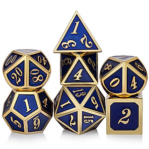 Set of 7 Metal Dice Set with Storage Box - Royal Blue with Gold Numbers - Includes D4, D6, D8, D10, D12, D20 and D% by SciencePurchase