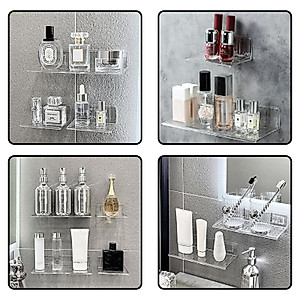 FarBoat 2pcs Acrylic Floating Shelves Adhesive Wall Mount Mini Shelf No Drill for Light-Weight Use in Bathroom Kitchen Living Room (9-3/4in Transparent)