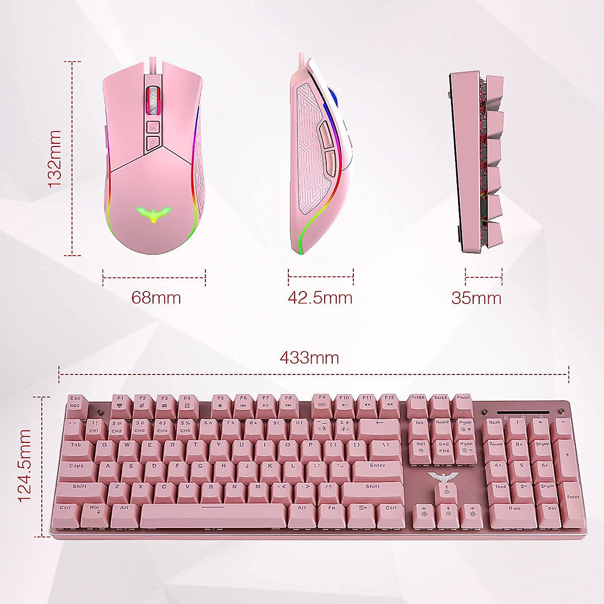 havit Havit Mechanical Gaming Keyboard and Mouse Combo Blue Switch 104 Keys Rainbow Backlit Keyboards, 4800 Dots Per Inch 7 Button Mouse Wired for PC Gamer Computer Laptop (Pink) (Renewed)