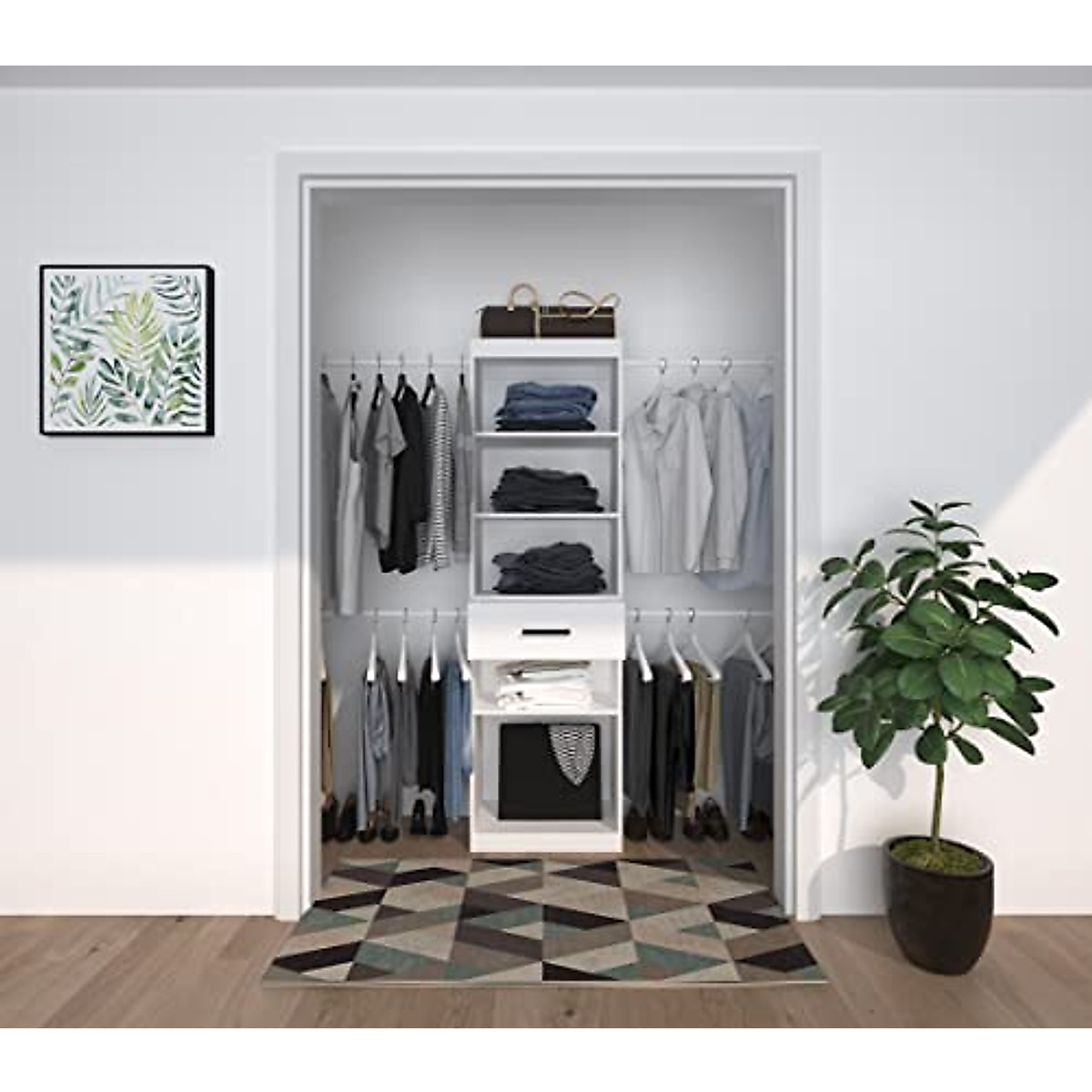 SOLRIG Closet System Tower Kits, Including Clothes Rack Shelves, Organizer Kits, Rods Can Be Cut and One Drawer, Manufactor Wood with White Color for Bedroom and Closet Room.