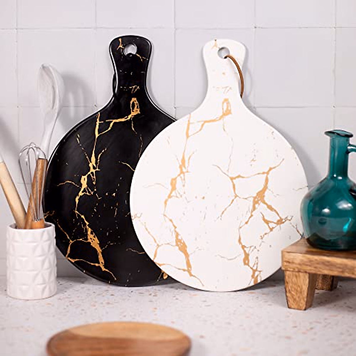 Round marble ceramic cutting board. Marble trivet in white or black with gold veins and leather chord. Cheese serving tray slab to display with kitchen accessories. Vanity tray for countertop. (White)