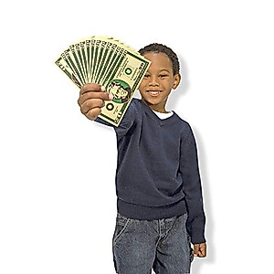 Melissa & Doug Turn and Tell Clock & Play Money Set - Educational Toy with Paper Bills and Plastic Coins (50 of Each Denomination) and Wooden Cash Drawer for Storage