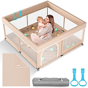 Omzer Baby Playpen with Mat 50x50inch: Large Playpen for Babies and Toddlers Indoor Safety Play Pen with Soft Breathable Mesh - All-Wrapped Sponge Sturdy Play Yard with Stable Mat Magic Sticker Beige