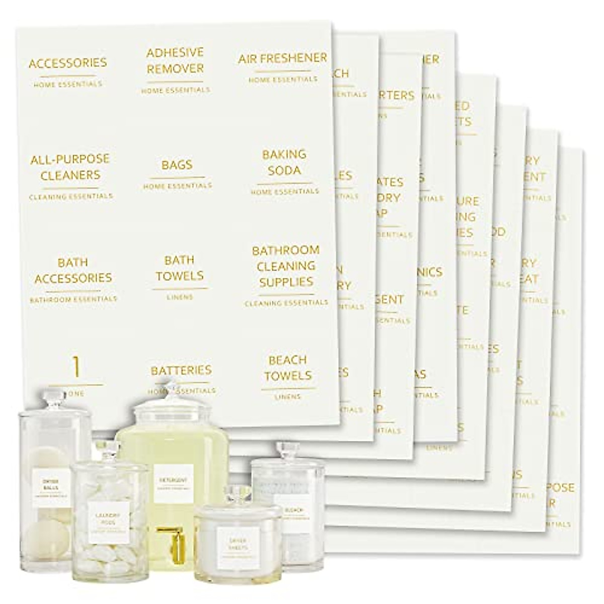 Talented Kitchen 144 Minimalistic Laundry Room Labels for Glass Jars, Preprinted Linen Closet Stickers for Containers, Bathroom Organization, Cleaning Supplies (Gold)