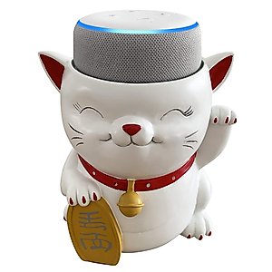 Kwirkworks Smart Speaker Table Stand (Waving Cat) - Decorative Holder for Amazon Echo Dot or Google Home Mini