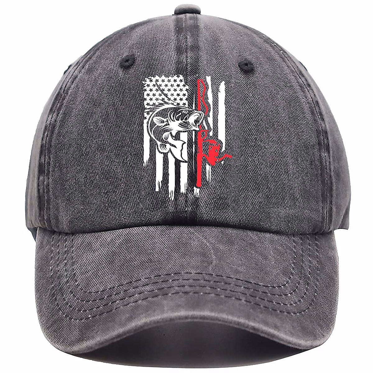 Fish American Flag Hat, Adjustable Washed Fishing Rod Us Flag Baseball Cap for Fisherman Men Women (Fish American Flag Black, one Size)