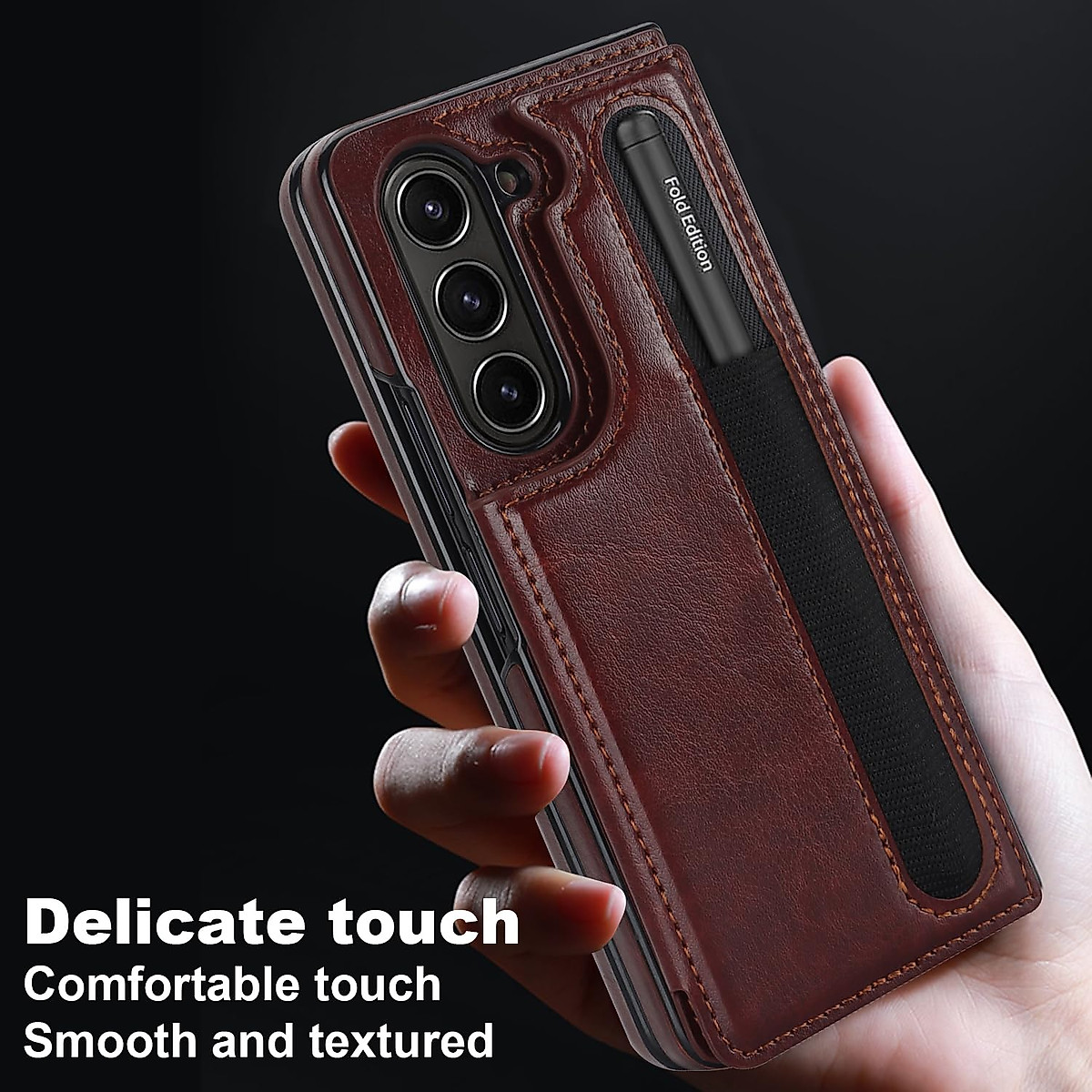 XIMAND for Samsung Galaxy Z Fold 5 Wallet Case with Credit Card Holder and S-Pen Holder,Fold Premium Leather Magnetic Clasp Kickstand Heavy Duty Protective Cover.(Brown)