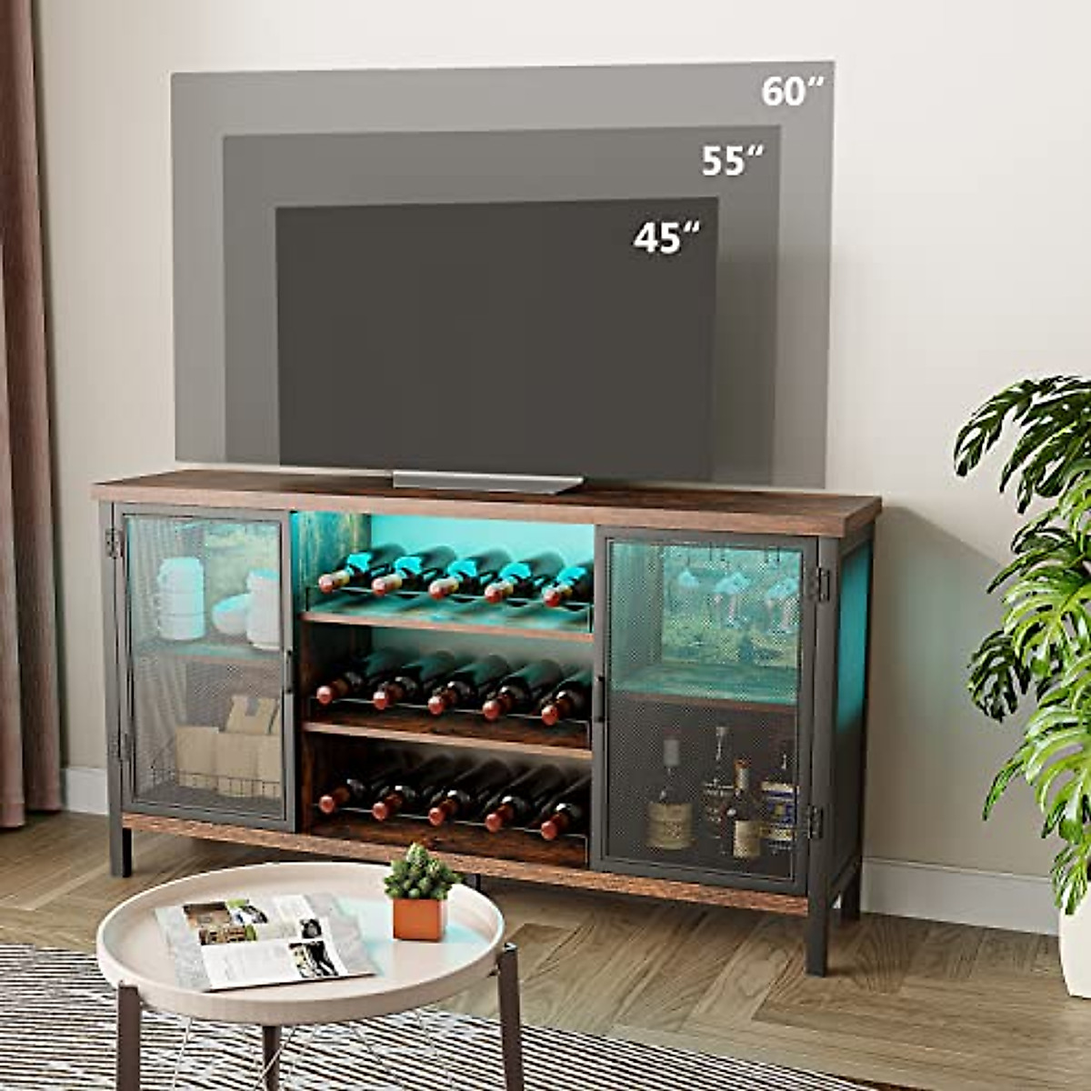 SOSPIRO Bar Cabinet with Wine Rack, LED Lights Industrial Coffee Bar Cabinet for Liquor and Glasses, Liquor Cabinet Bar for Home, Wine Bar Cabinet with Adjustable Shelves (Grey)