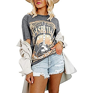 Binshre Womens Nashville Shirts Country Music Concert Tshirts Distressed Graphic Short Sleeve Tees for Women Grey L