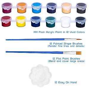 Washable Paint Set for Kids Arts and Crafts, Classroom Painting Supplies, 12 Acrylic Paint Sets of 12 Colors, Mixing Palette, Brushes