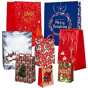 Novnsoi 24 PCS Gift Bags for Wrapping Holiday Gifts, Recyclable Festival Bags with Snowman, Reindeer, Christmas Bell/Tree, Snowflake, Gin Design - Bulk Set,6 X-L,6 Large,6 Medium,6 Small