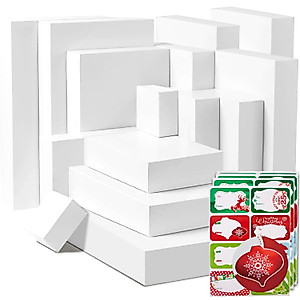 12 White Gift Wrap Boxes with Lids for wrapping Large Clothes and 80 Count Foil Christmas Tag Stickers (Assorted size for wrapping Robes, Sweater, Coat, Shirts and Clothes xmas Holiday Present)