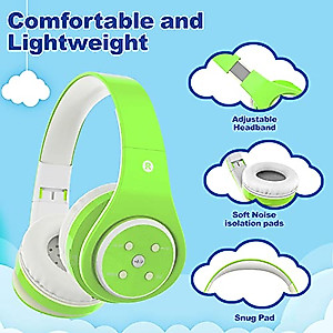 Kids Headphones Bluetooth Wireless 85db/110db Volume Limit Headset Fit for Aged 3-21 Over-Ear and Build-in Mic Wired & SD Card Mode Headphones for Boys Girls Travel School Phone Pad Tablet PC Green