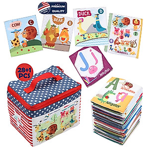 Alphabet Baby Toy Gift, Soft Cloth Alphabet Cards 28PCS, ABC Learning Flash Cards with Bag, Early Educational Learning Toys for Babies Infants Toddlers 1-2 2-4 Years Boys Girls, & Animal Guide Book