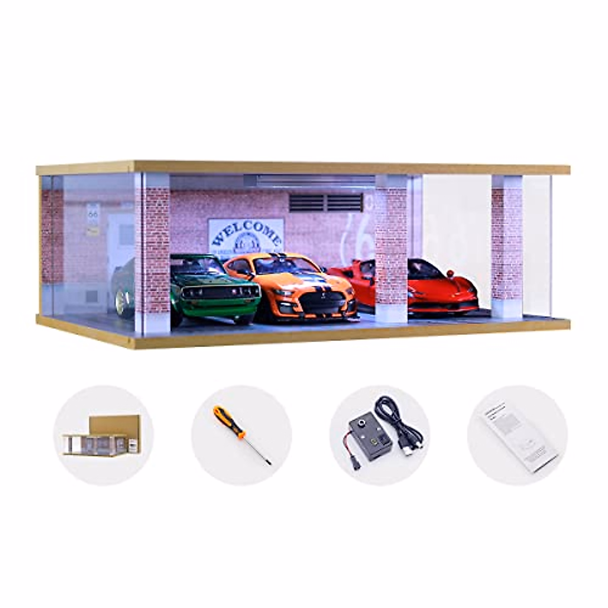 Sikivot 1/24 Scale Car Display Case,Car Model Toy with Parking Lot Scene, Die-cast Car Garage Display Case,2 Parking Space Acrylic Toy Garage with LED Light