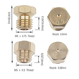 Timsec 20Pcs Brass Jet Nozzles, M6 x 0.75mm and M5 x 0.5mm Thread, 0.5mm and 0.68mm Nozzle Hole, DIY Burner Parts for Range, Stove, Oven Conversion Kit, Propane LPG Natural Gas Pipe Water Heater