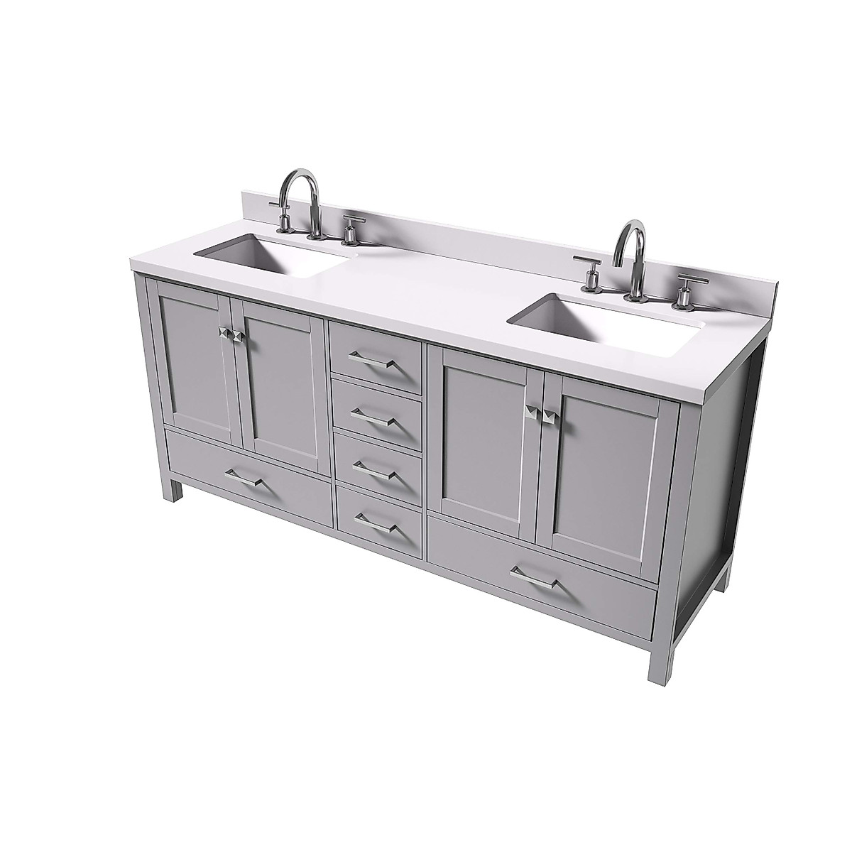 ARIEL Double Bathroom Vanity 73" Grey with 1.5" Edge Pure White Quartz Countertop & Splash, Rectangular Sinks, 4 Soft Closing Doors, 6 Full Extension Dovetail Drawers, Brushed Nickel