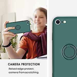 SouliGo iPhone SE 2022 Case, iPhone SE 2020 Case, iPhone 8 Case, iPhone 7 Case, Slim Silicone Soft Rubber Shockproof Protective Ring Kickstand Hybrid Hard Protection Girls Women Phone Cover,Dark Green