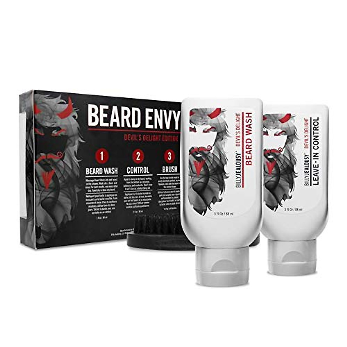 Billy Jealousy Devil's Delight Beard Envy Facial Hair Refining Kit - with Beard Wash Beard Control and Boar Bristle Brush for Clean, Hydrated, Soft, Tamed Unruly Mane