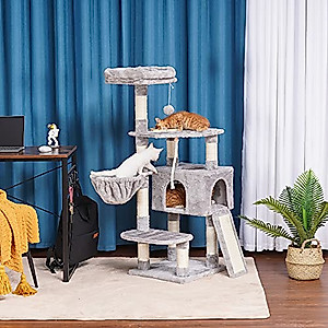 Heybly Cat Tree Cat Tower for Indoor Cats Multi-Level Cat Furniture Condo with Feeding Bowl and Scratching Board Light Gray HCT010W