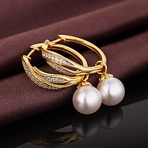 Pearl Hoop Earring Pearl Diamond Earrings Pearl Dangle Earrings Sterling Silver Pearl Earrings for Women Wedding Pearl Earring Huggies Large Gold Pearl Dangling Earring with Pearl 10MM