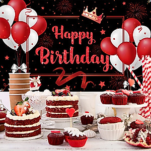 Red Happy Birthday Banner Decorations Large Red and Black Birthday Backdrop Sign in Birthday Decorations Photo Booth Background for Men Women Girls Birthday Anniversary Party Supplies 71x44Inch
