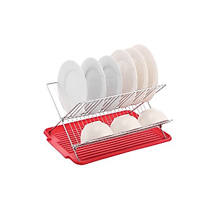 J&V TEXTILES Foldable Dish Drying Rack with Drainboard, Stainless Steel 2 Tier Dish Drainer Rack, Collapsible Dish Drainer, Folding Dish Rack for Kitchen Sink, Countertop, Cutlery, Plates (Red)