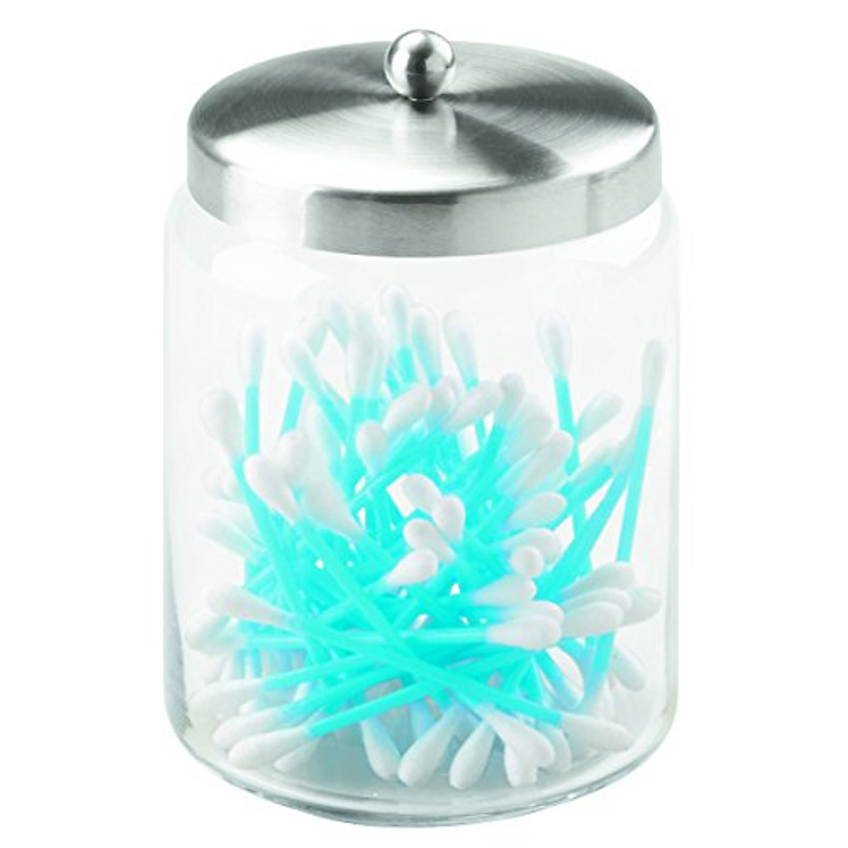 iDesign Forma Bathroom Vanity Glass Apothecary Jar for Cotton Balls, Swabs, Cosmetic Pads - Clear/Brushed Stainless Steel