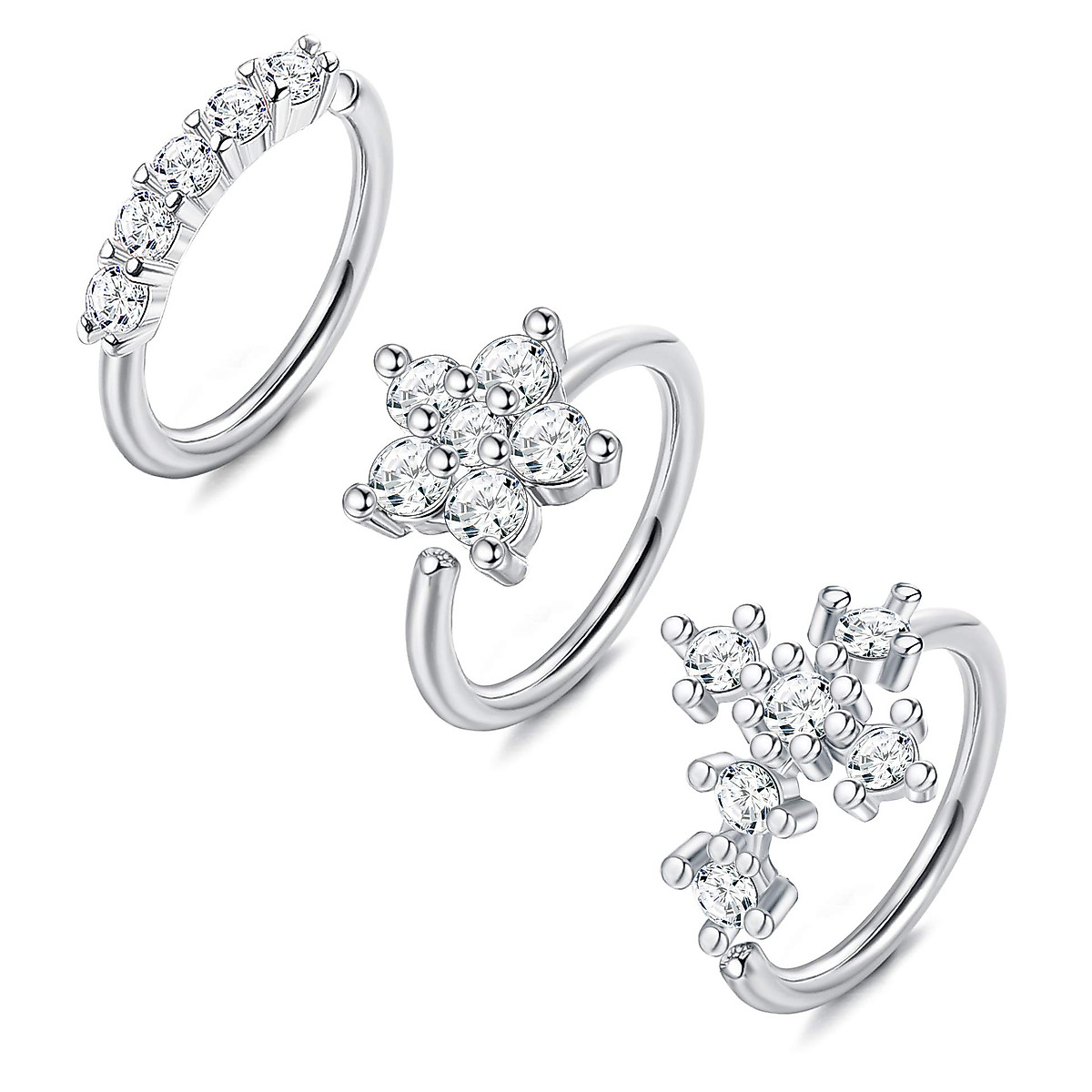 Drperfect 3 Pcs 925 Sterling Silver Pin Nose Ring Hoop, 20G Cubic Zirconia Cute Nose Ring Gold Silver Plated Cartilage Earrings Nose Piercing Jewelry for Women