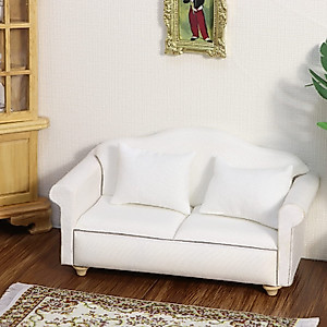 Dollhouse Couch Miniature Furniture Sofa with Pillows for Living Room Desktop Decoration Fabric Sofa Mini Home Scene Accessories Ornament (Double Sofa, White)