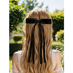 4pcs Hair Clips for Women Tassel Ribbon Bowknot With Long Tail, Clip Girl, Solid Accessories Barrettes Claw Bow (Black&Beige)