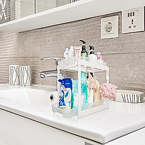 Under Sink Organizers and Storage, Double Sliding Cabinet Organizer Drawer,Pull Out Cabinet Organizer 2 Tier Large Capacity Under Bathroom Storage Rack with 6 Hooks, 1 Hanging Cup, Translucent,1 Pack