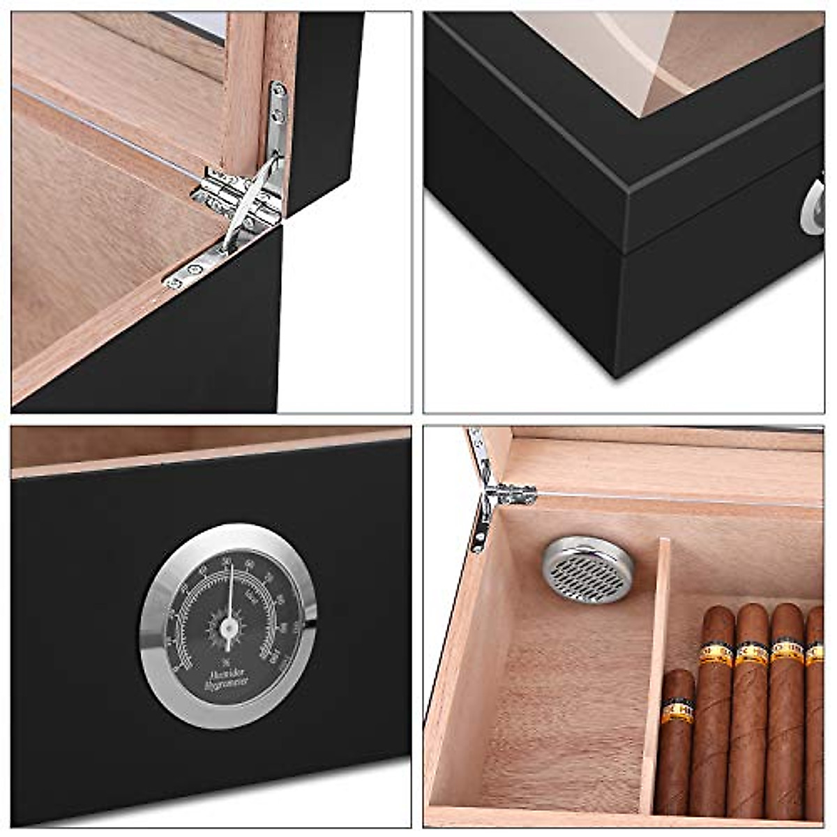 Cigar Humidor, Spanish Cedar Wood Cigar Desktop Box, Glass Top for 25-50 Cigars Luxury Hygrometer and Humidifier, Desktop Humidors Gloss Black