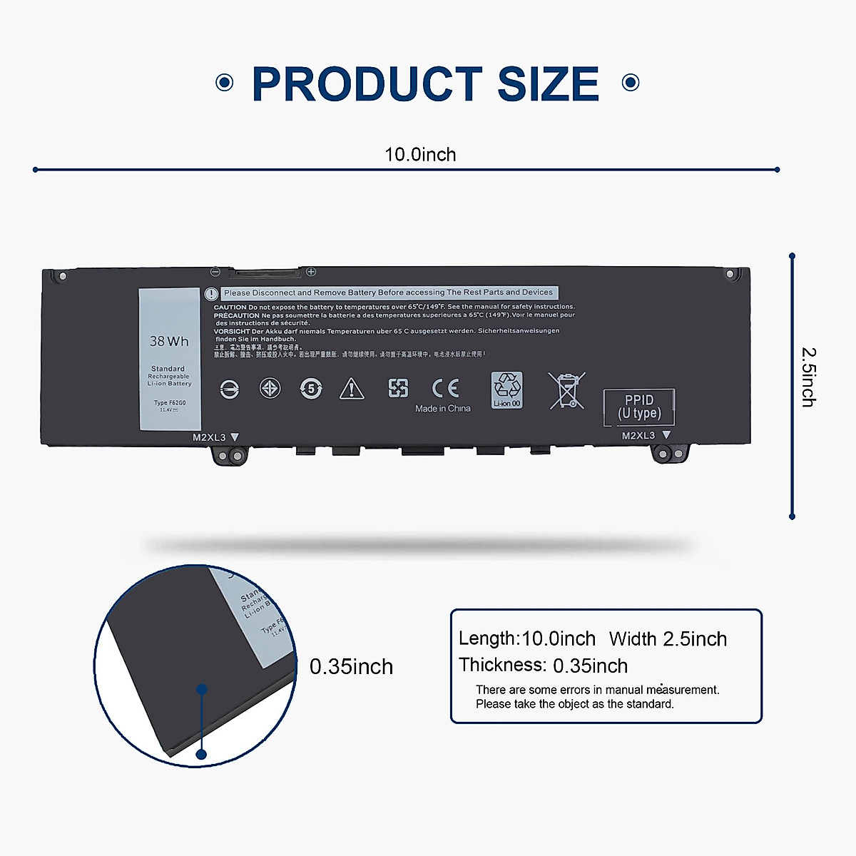 38WH F62G0 F62GO Laptop Battery for Dell Inspiron 13 5370 7370 7373 7380 13MF 13-5370-D1305P 13MF PRO-D5705TS Vostro 13 5370 13-5370-D1505G 13-5370-D1505S P87G001 P91G P91G001 2-in-1 RPJC3 0RPJC3