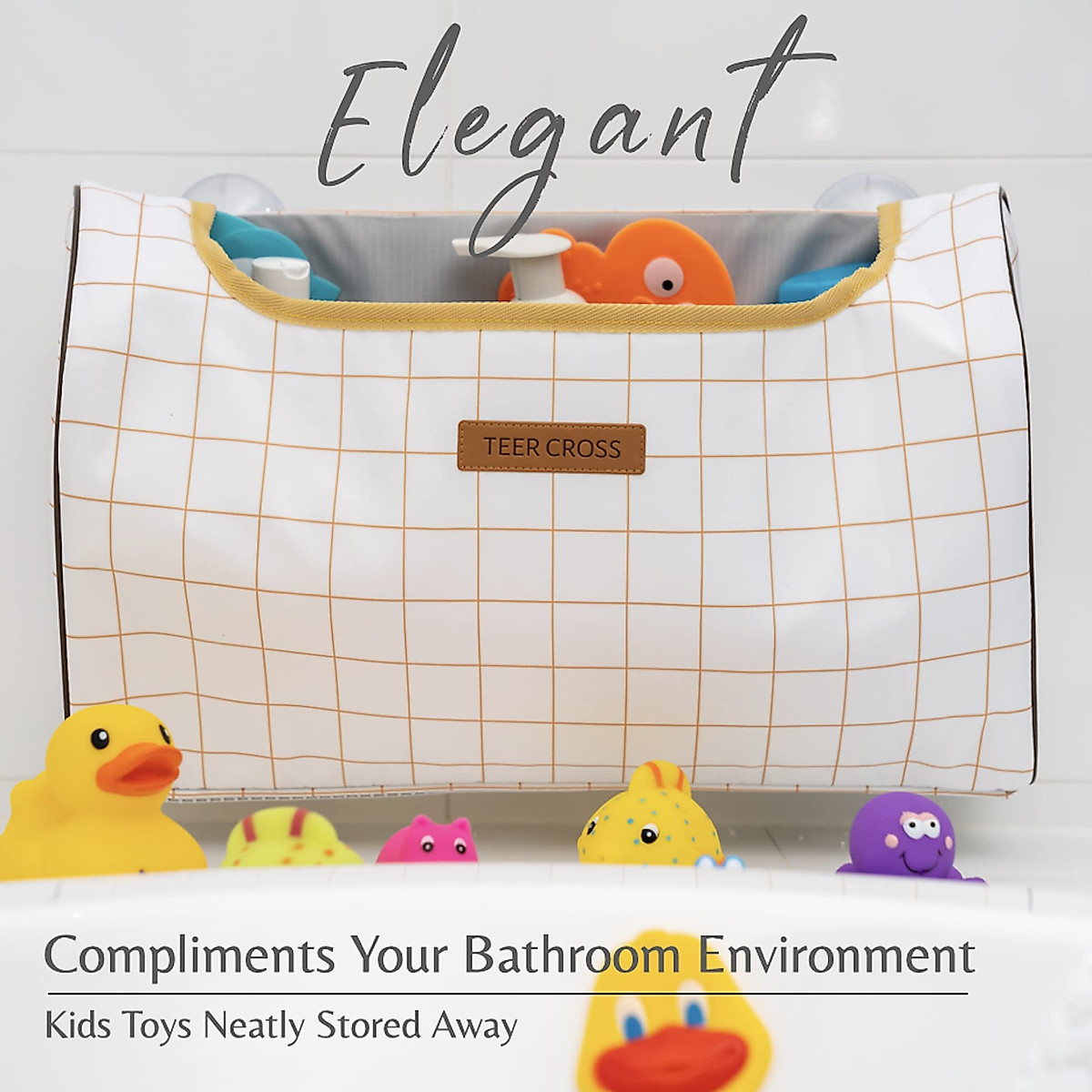 Large Bath Toy Storage with A Quick Dry Mesh Base. Sturdy Bath Toy Holder with 3 Strong Suction Cups. The Bath Toy Organizer Keeps Your Bathroom Tidy. Bathtub Toy Holder (Golden Check)