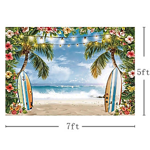 MEHOFOND 7x5ft Summer Hawaiian Beach Photography Background Tropical Luau Photo Backdrop Sky Ocean Palm Tree Surfboard Summer Holiday Sea Beach Party Supplies Aloha Birthday Photo Booth Props