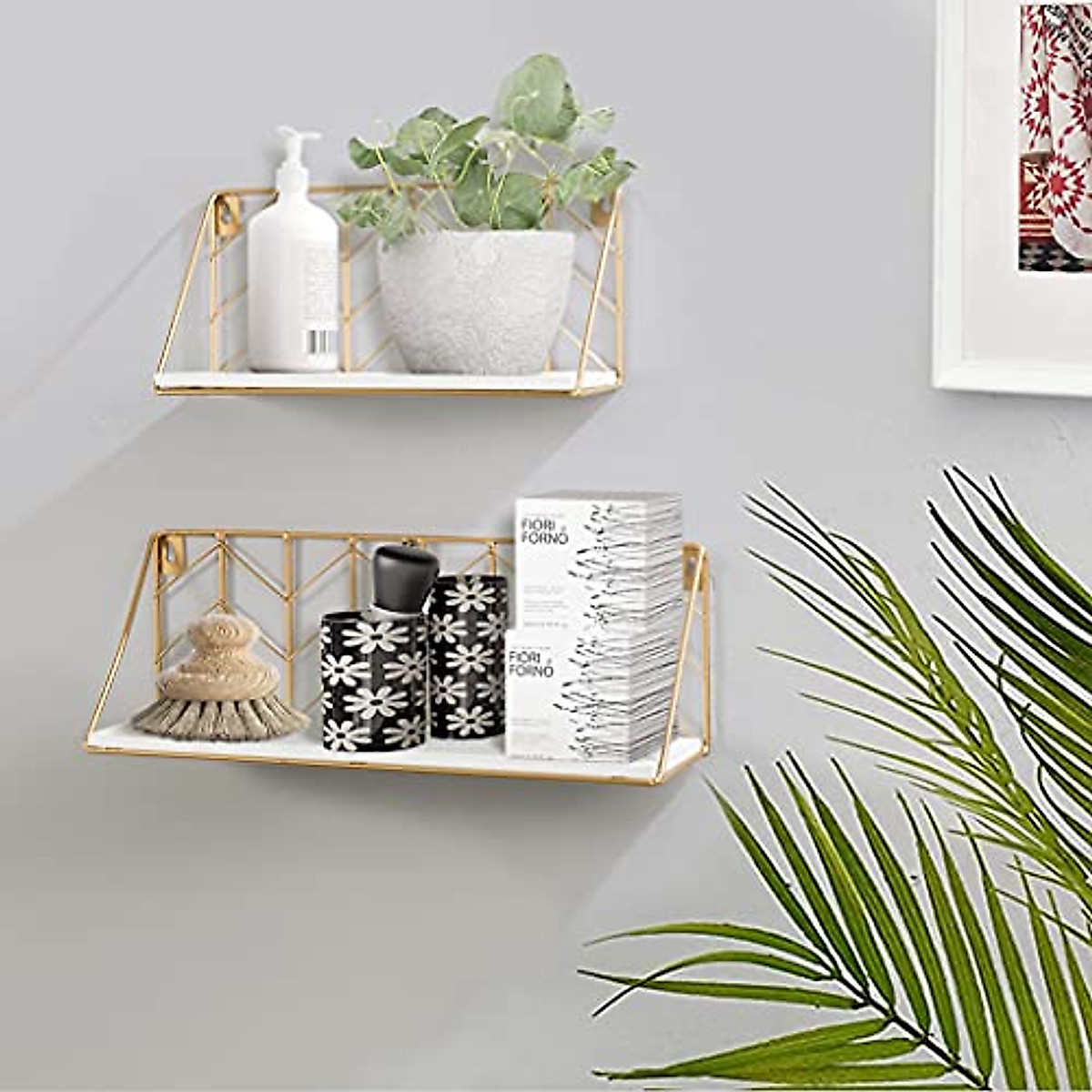 ROSE BLOOM Floating Shelves Wall Mounted Set of 2, Wood Storage Shelf with Metal Wire Basket for Bedroom, Living Room, Bathroom, Kitchen, Office, Arrow Design