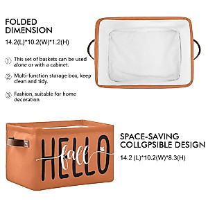 Hello Fall Orange Storage Basket Fabric Kitchen Baskets Autumn Pumpkin Open Home Storage Bins Boxes Foldable Organizer Bag for Baby Cloth Pet Toy Book Shelf Closet Baskets 16×12×8 Inches