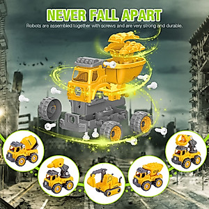 Powerextra STEM Toys for 5 6 7 8 9 Years Old Boys, Take Apart Robot Toys Trucks Set with [Robot Sounds & Flashing Lights]- 5 in 1 Construction Toys for Kids at Age 8-12