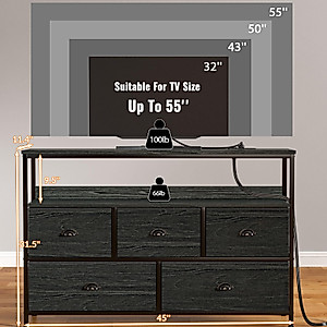 Furologee Console Sofa Table with Power Outlet, Long 45" TV Stand with 5 Drawers, Entertainment Center with Storage for 55'' TV, Entryway Table for Bedroom, Living Room, Hallway, Black Oak