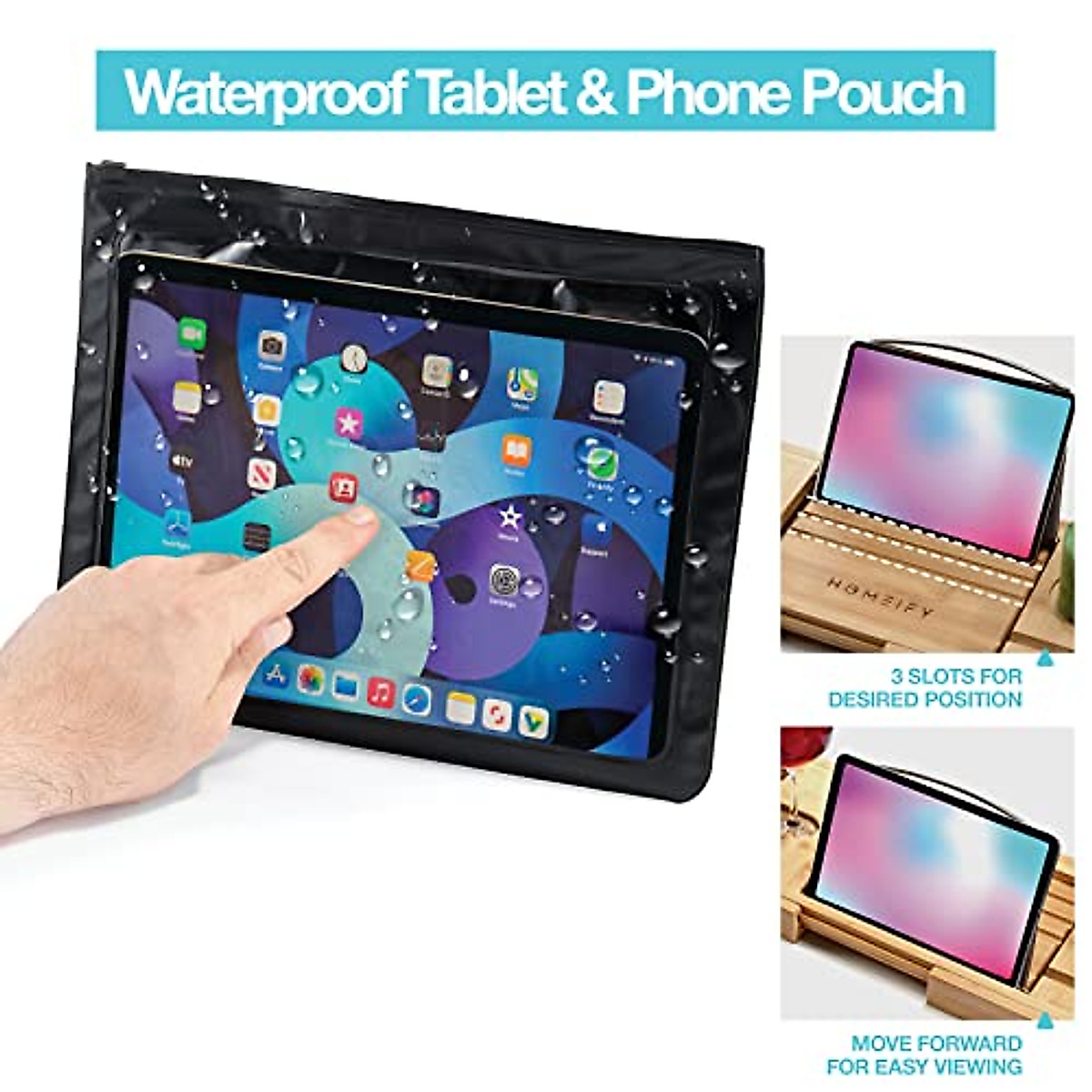 Premium Bamboo Bathtub Tray Caddy - Waterproof Tablet/Phone Case & Razor Slot - Expandable Bath Tray (up to 44in), Luxury Spa Bathtub Caddy, with Adjustable Reading Rack - Patent Pending