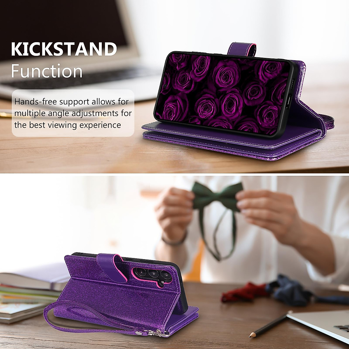 Varikke Compatible with Samsung Galaxy A14 5G Case, Detachable Magnetic Wallet Case with Card Holder, Kickstand, Wrist Strap, Glitter PU Leather Flip Phone Cover for Women Men, 6.6 Inch, Dark Purple