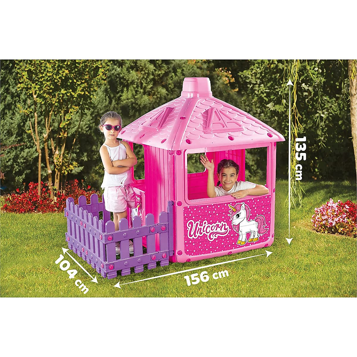 DOLU : City Playhouse with Fence - Unicorn, Pink - Indoor & Outdoor Use, 53" High, Durable Waterproof Plastic, Toddlers & Kids Ages 2+