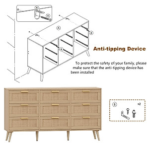 Rovaurx 9 Drawer Double Dresser for Bedroom, Rattan Chest of Dressers, Modern Wooden Dresser Chest with Golden Handles, Beside Table for Closet, Living Room and Entryway, Natural